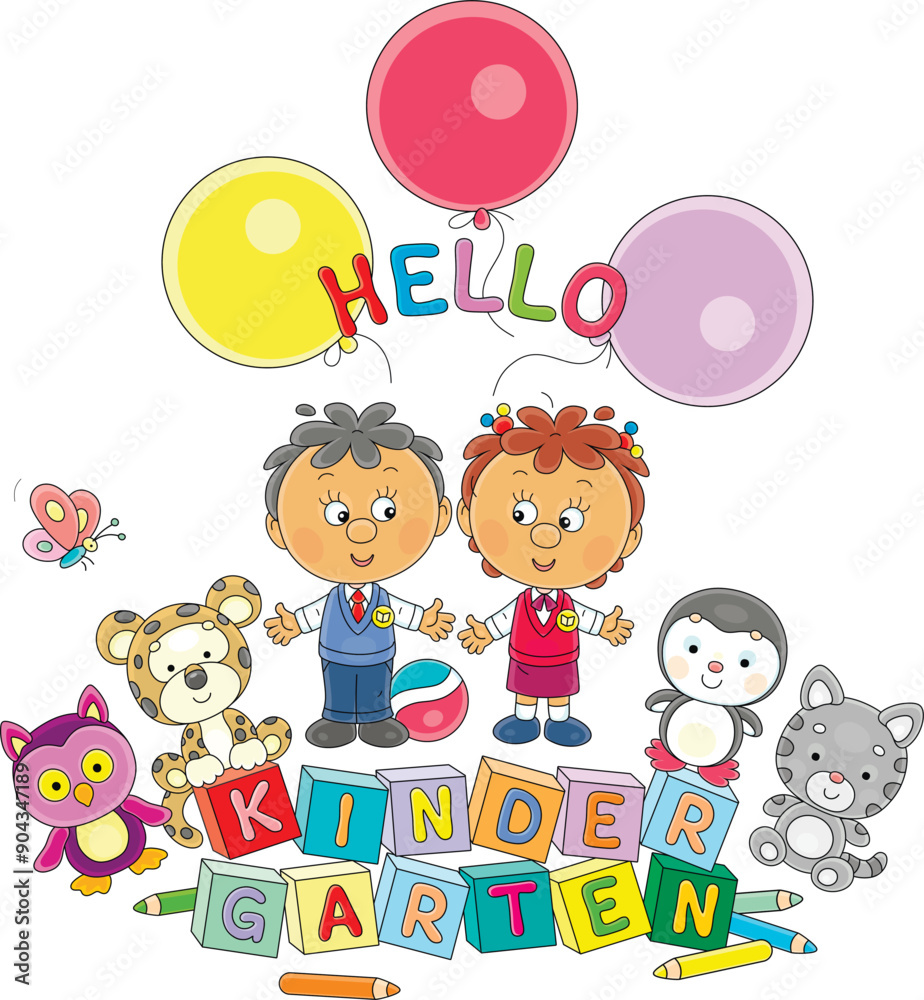 Hello kindergarten card with a funny little boy and girl among their ...