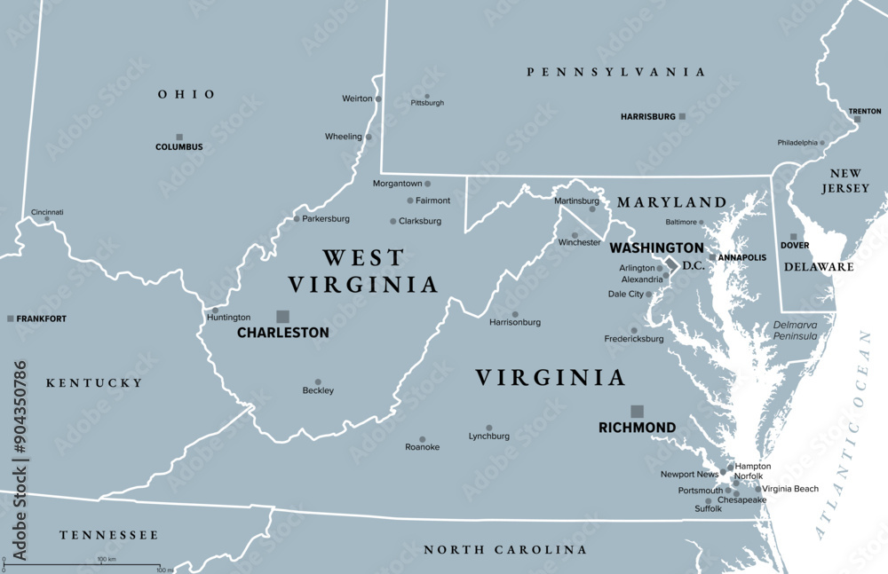 Poster The Virginias, gray political map of Virginia with its capital ...