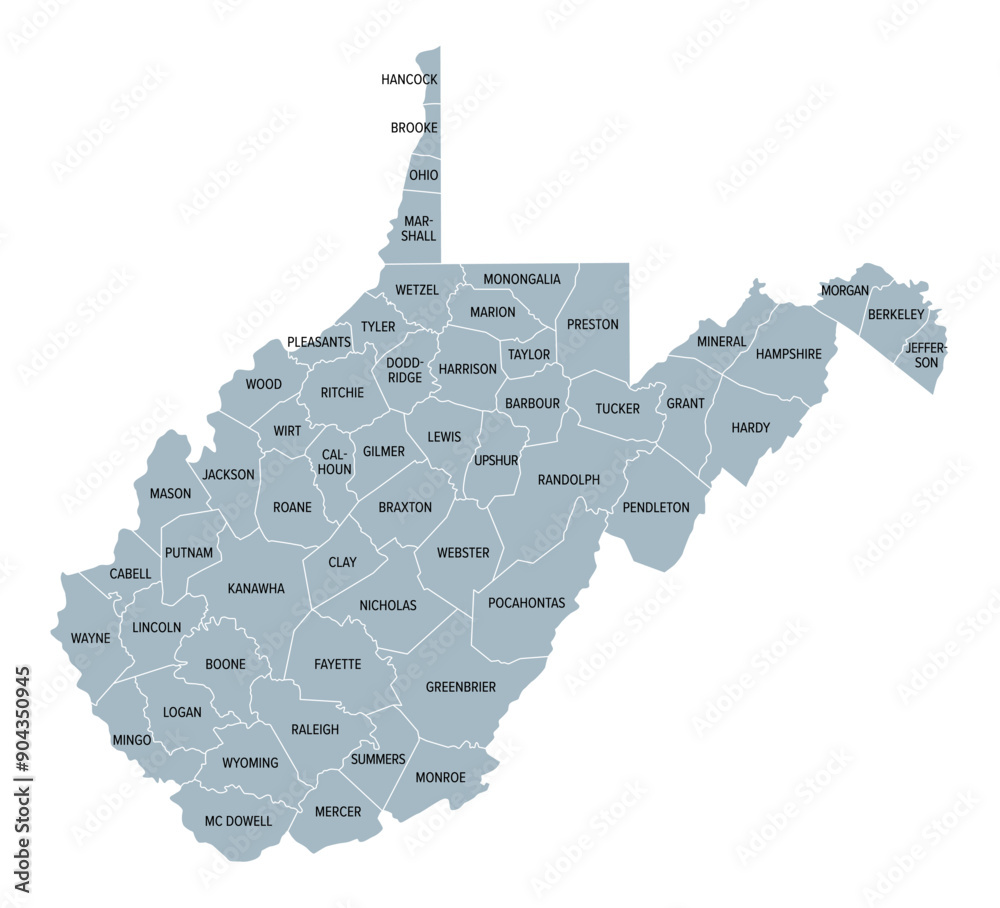 West Virginia counties, gray political map with borders and county ...