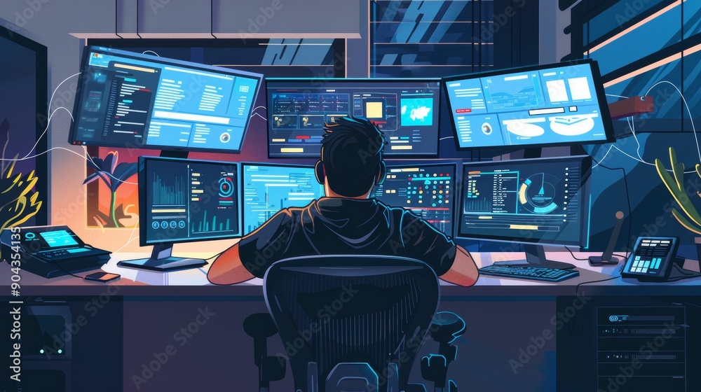 DevOps Engineer Managing CI/CD Pipeline in High-Tech Office with Multiple Monitors and Dynamic ...