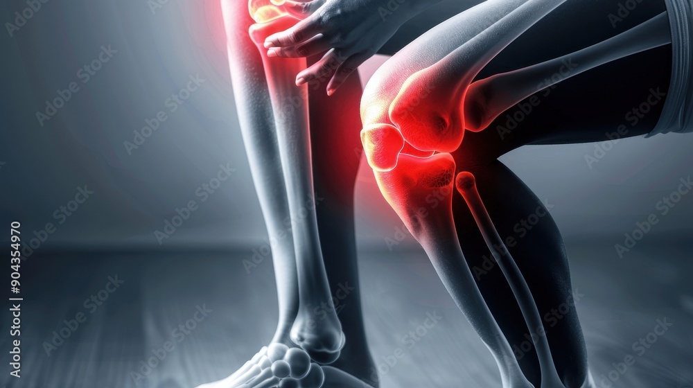 A woman is sitting on a couch with her knee propped up. She has a red ...