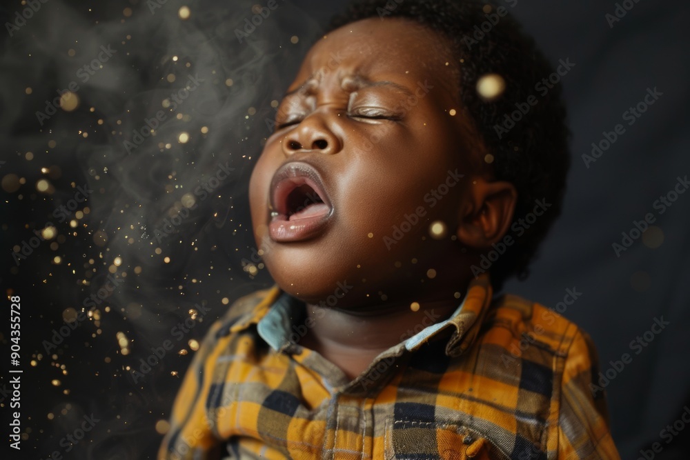 Sneezing black infant boy dispersing microscopic health-related ...