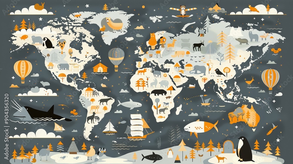 Cartoon map of the world with cartoon animals, nature, discovery and ...