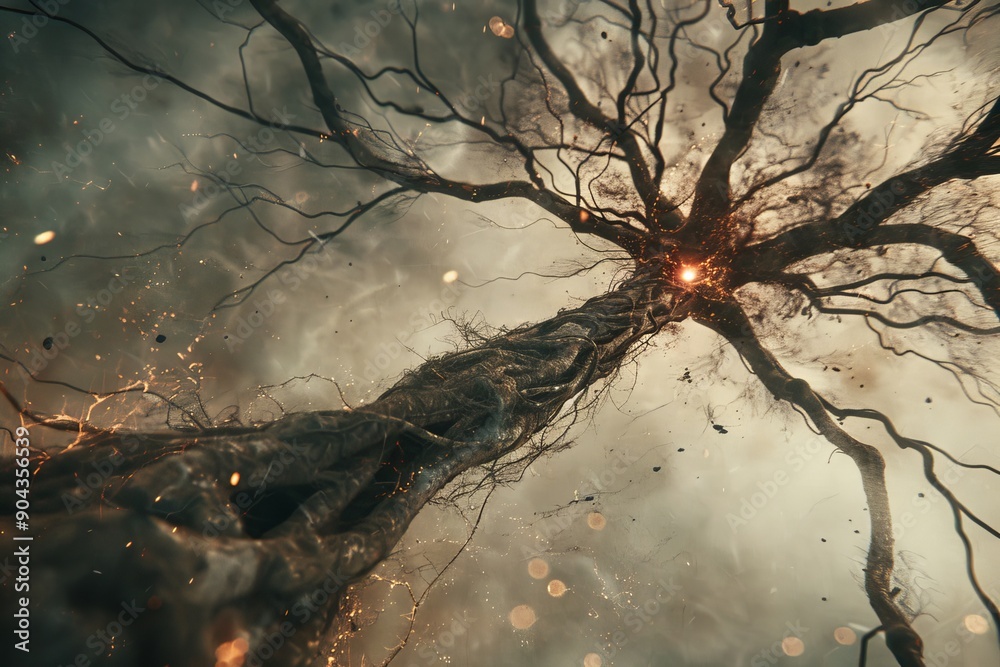 Stark neural tree in a foggy landscape symbolizing isolation and ...