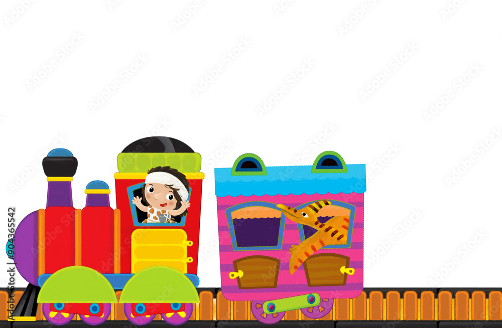 Cartoon funny looking colorful train locomotive wagon with dino ...