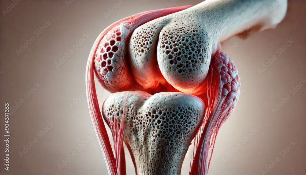 A detailed 3D render image of a human knee joint with inflammation in a ...