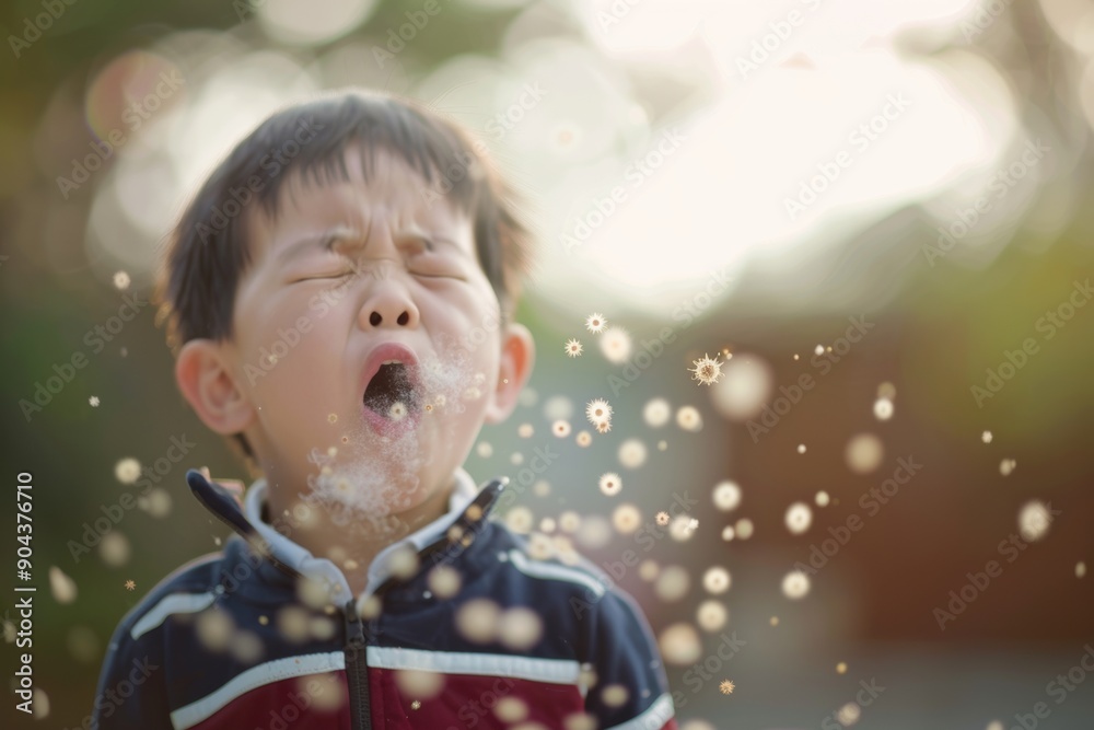 Vibrant image of asian boy sneezing showcasing illness. Young child ...