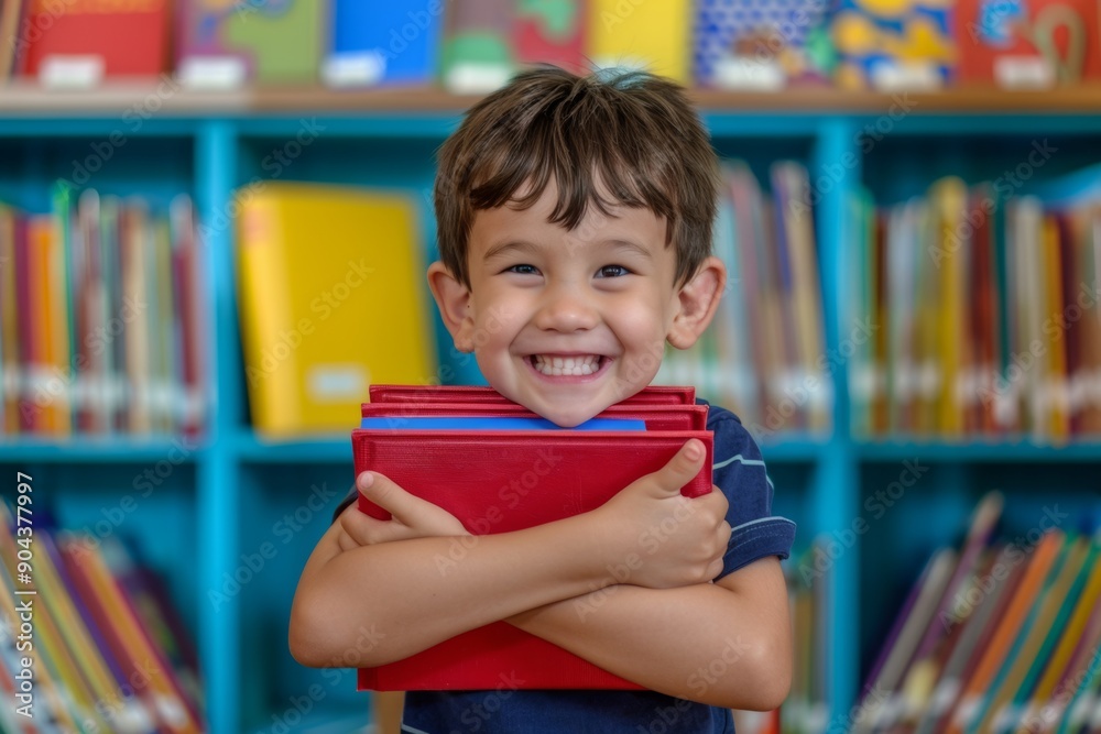Young boy beaming joy and holding colorful book classroom. Smiling ...