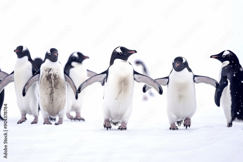A group of penguins waddling across the ice in Antarctica. Hyper ...