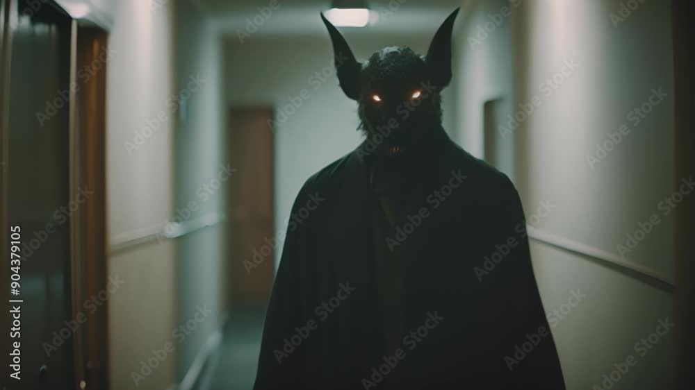 Scary devil-like monster with glowing eye standing in the corridor ...