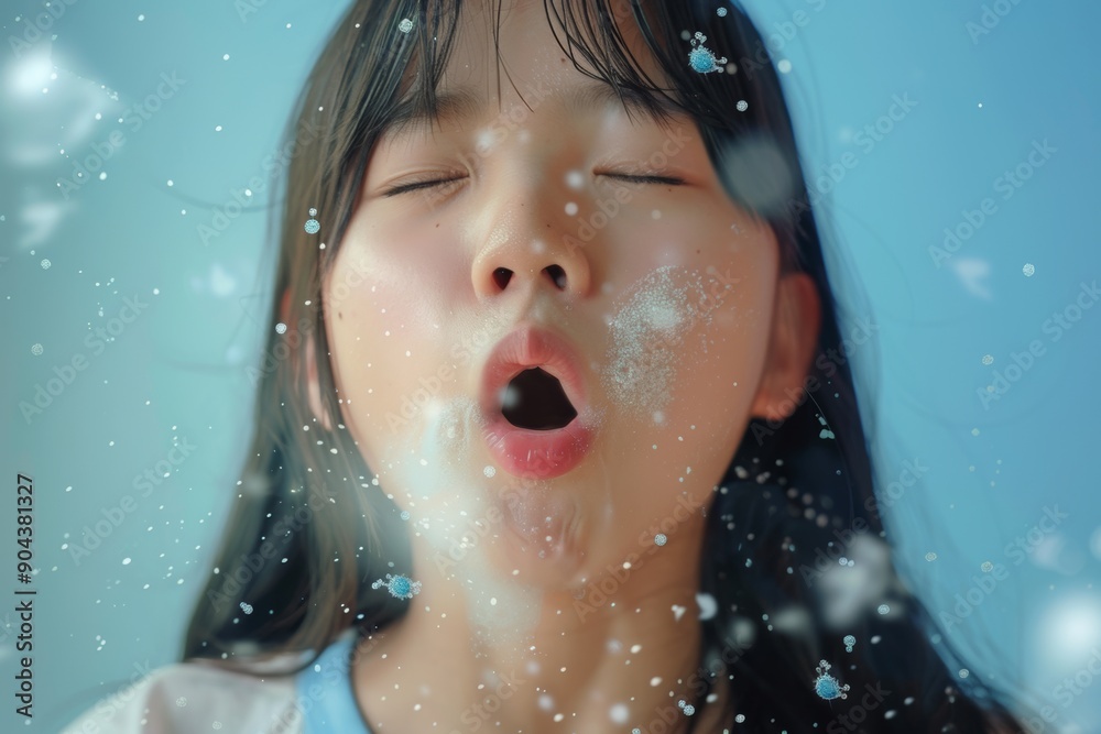 Asian girl sneezes air tiny viruses and particles visible. Close depiction of asian young girl ...