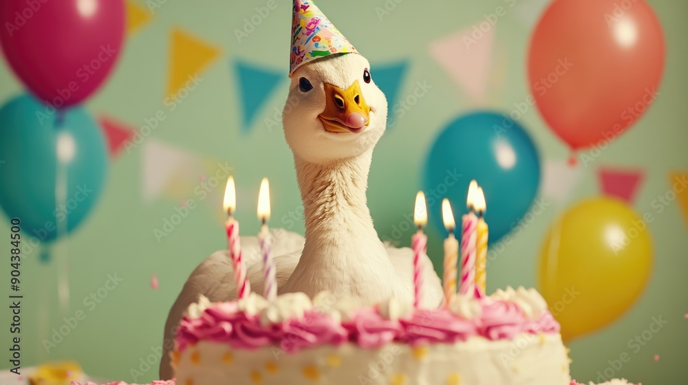 goose in a party hat sitting in front of cake with lit candles, holiday ...