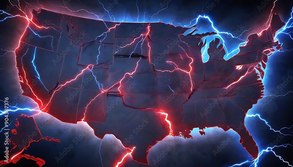 A map of the United States of america illuminated by red and blue ...