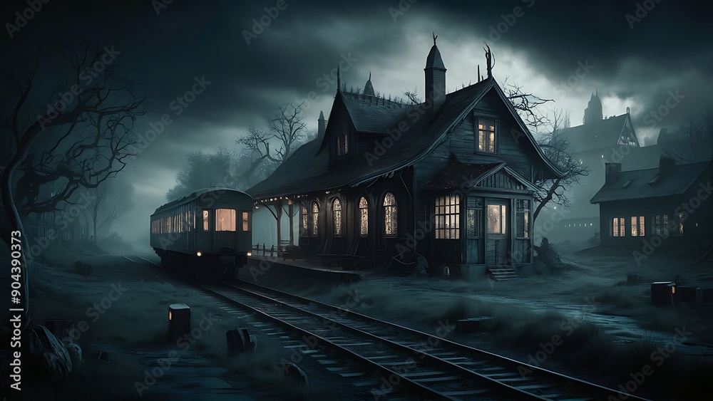 haunted railway station at dark night small station, dark fantasy ...