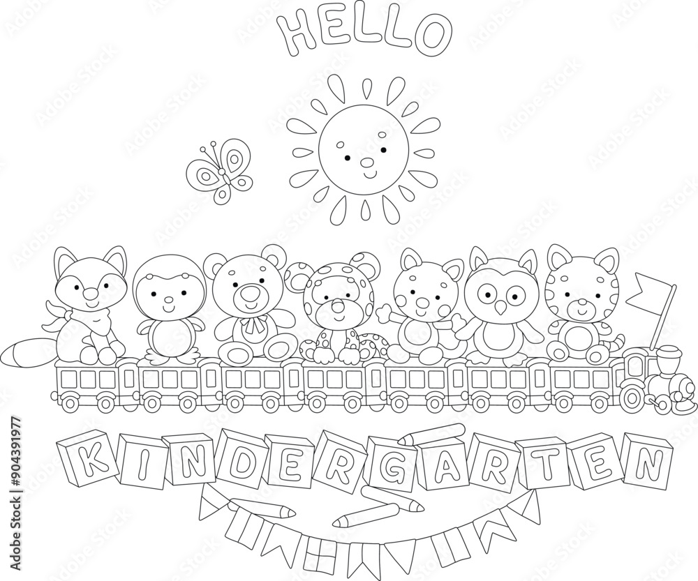 Hello kindergarten card with funny cartoony baby animals, a toy train ...