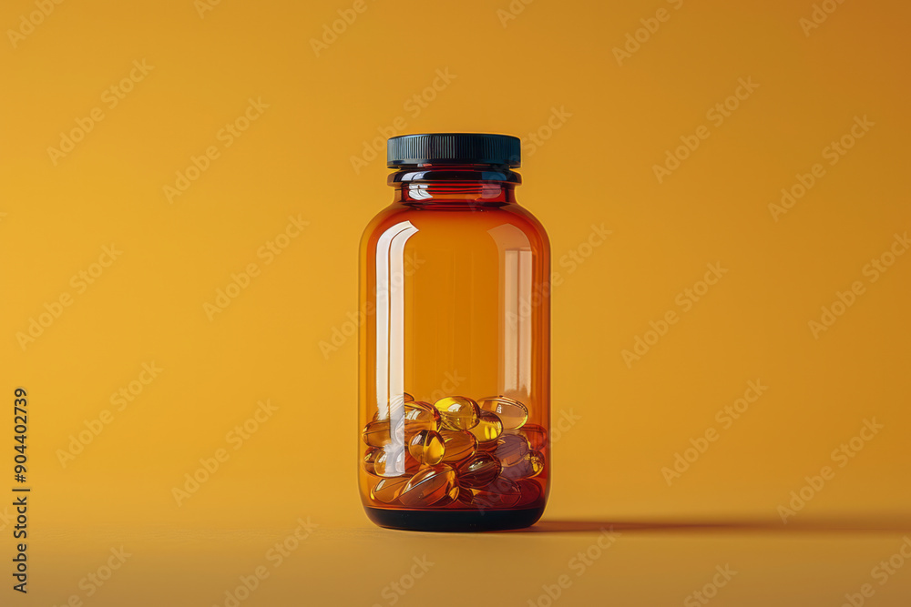Minimalist image of a sleek bottle of vitamins with a subtle glow ...