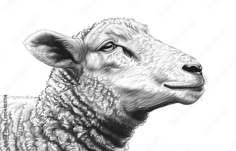 Sheep, lamb. Vintage retro print, black white sheep lamb sketch ink ...