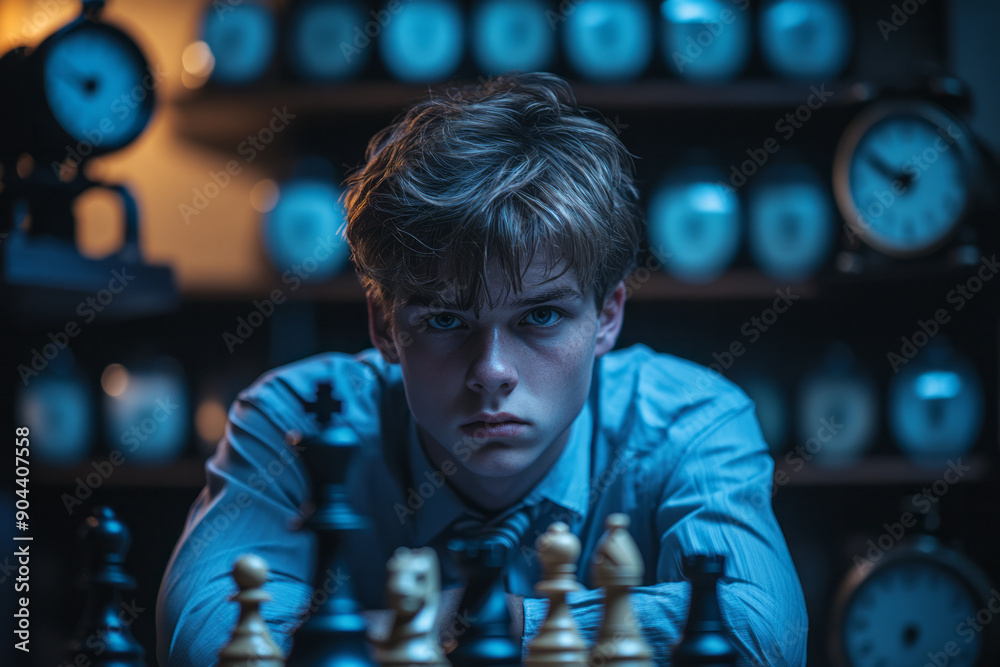 Elegant depiction of a person staring at a chess clock, highlighting ...