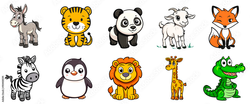 Cartoon animals, funny drawn penguin, lion, fox, goat, crocodile and ...