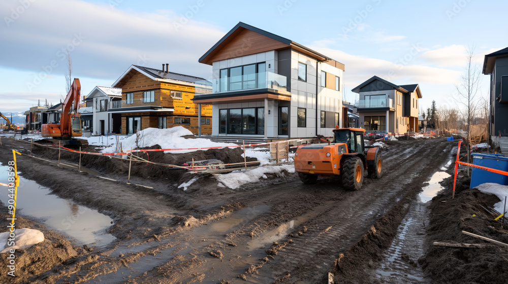 Construction site with modern houses under development, featuring an ...