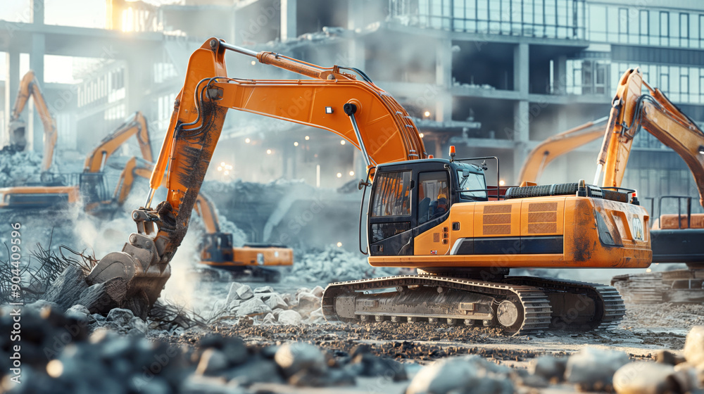 Construction site with multiple orange excavators in operation ...