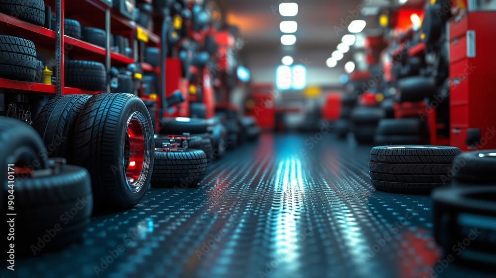 Professional tire service garage interior with organized tools and ...