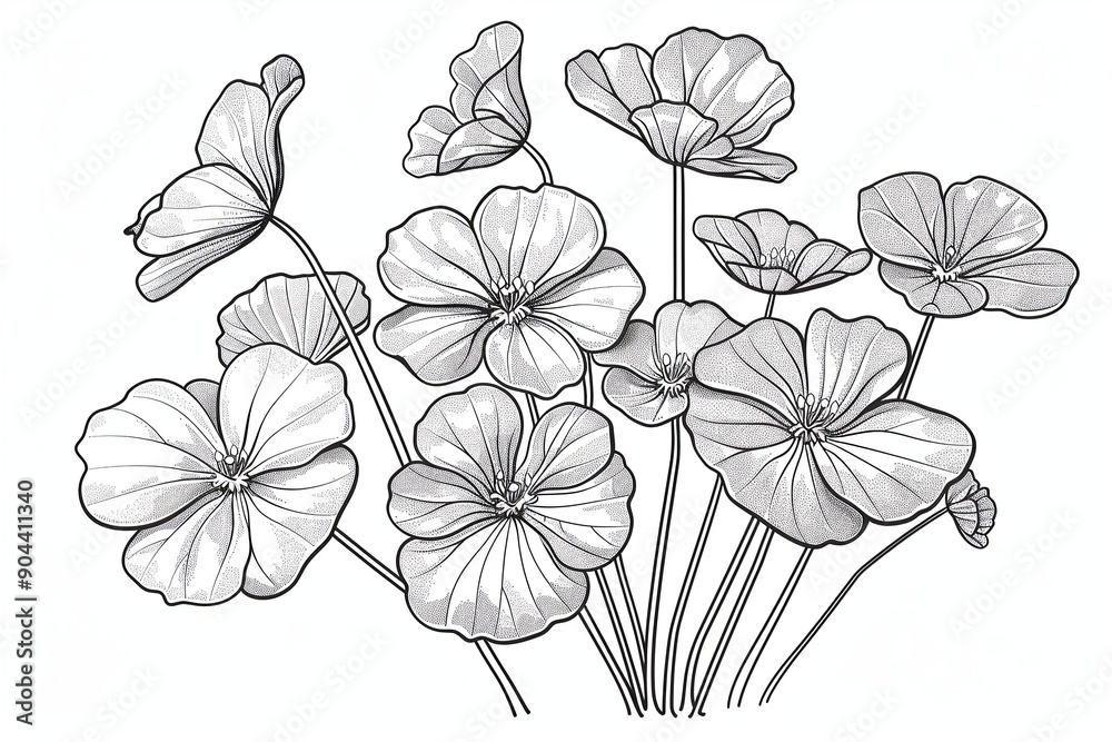 Detailed line drawing of a botanical plant with multiple blooming ...
