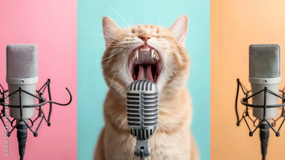 A ginger cat appearing to sing into a vintage microphone, with modern ...