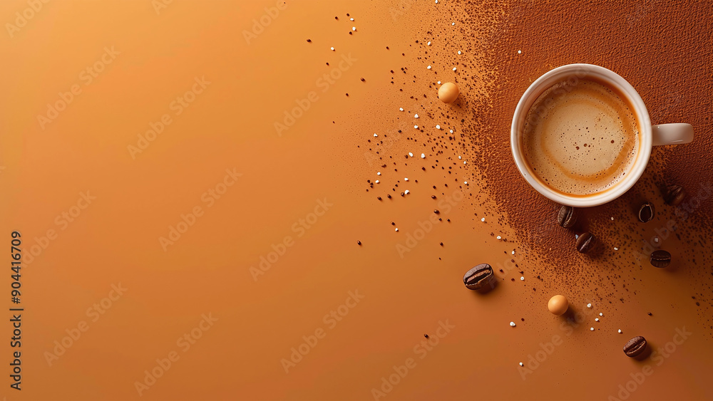 Abstract Coffee Bliss: Aesthetic Coffee Cup and Beans on Orange Surface ...