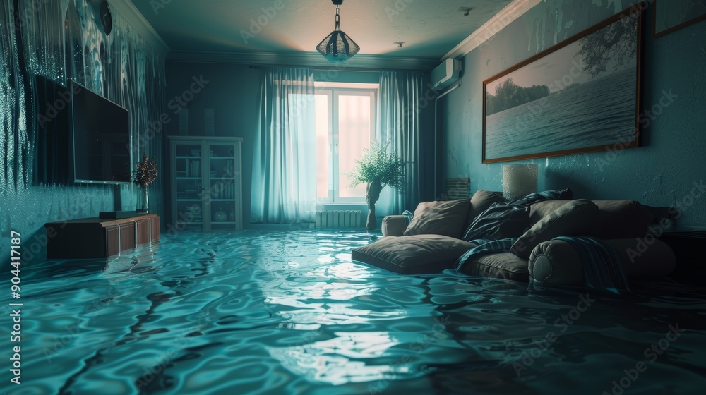 Flooded living room with furniture submerged in water. Disaster and ...