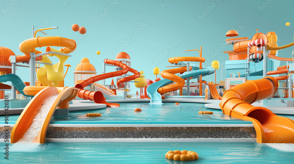 Vibrant water park with various twisting slides and attractions leading ...