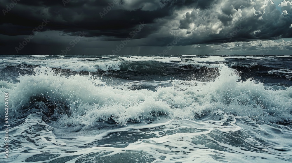 A powerful image of a stormy sea with dramatic waves crashing against ...