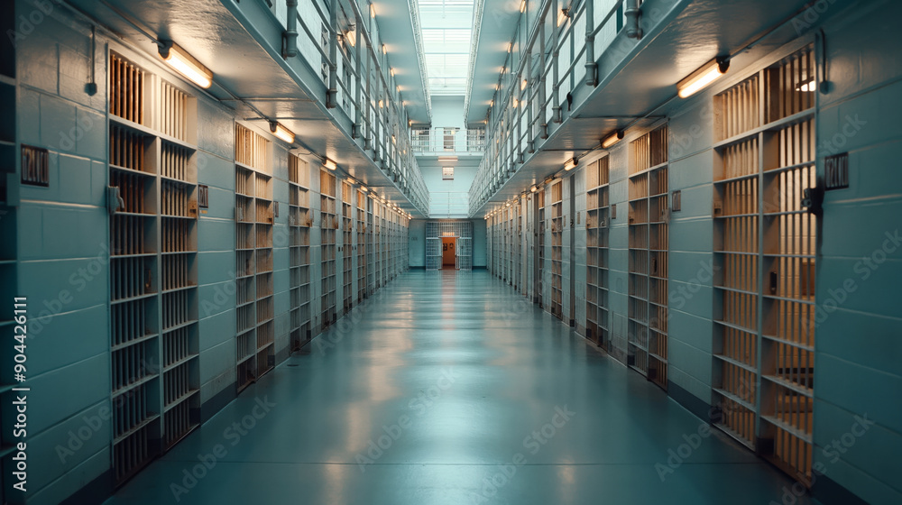 Interior of a prison corridor with rows of cells and barred doors ...