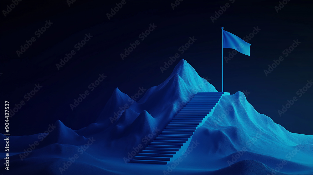 Leadership and goal concept. Ladder of success and flag isolated dark ...