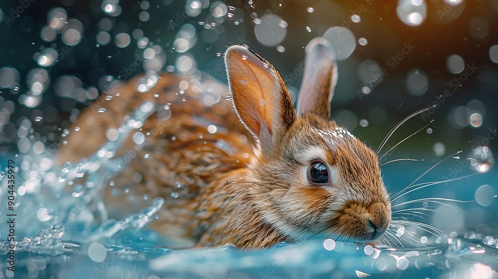 A close-up of a rabbit swimming in a body of water with droplets of ...