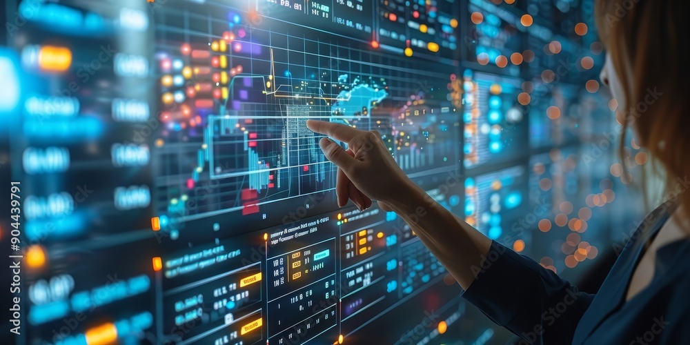 Hand touching a futuristic digital interface screen with data ...