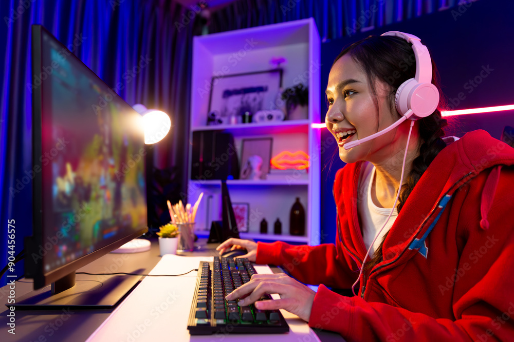 Host channel of young beautiful Asian gaming streamer playing fighting ...