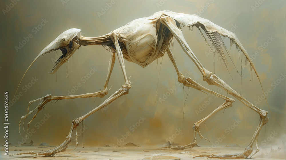 A detailed and eerie depiction of a skeletal creature with elongated ...
