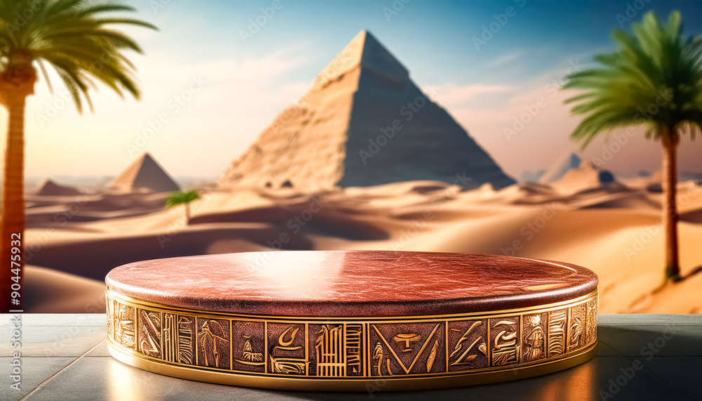 Ancient Egyptian Pedestal With Golden Hieroglyphs In Desert Landscape ...