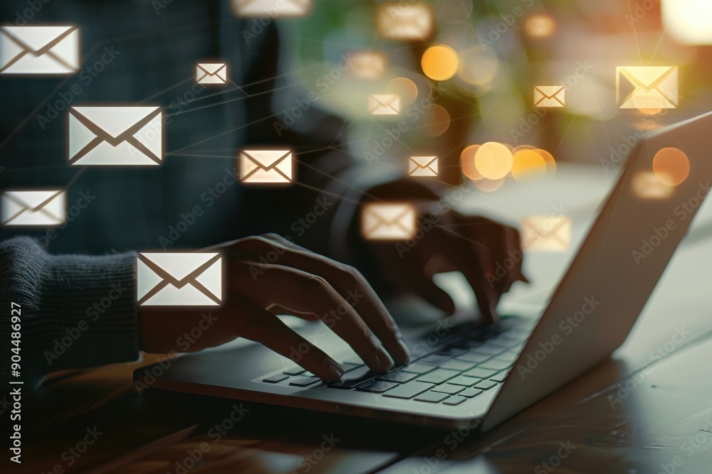 A person sitting at their laptop, typing an email with multiple white ...