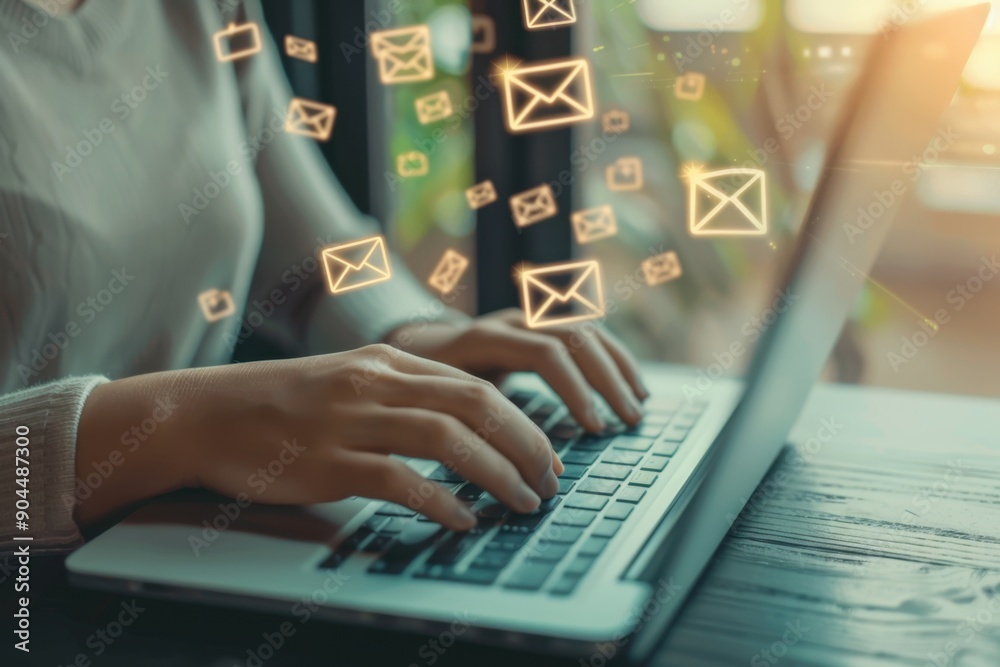 A person is typing on their laptop, with multiple mail icons floating ...