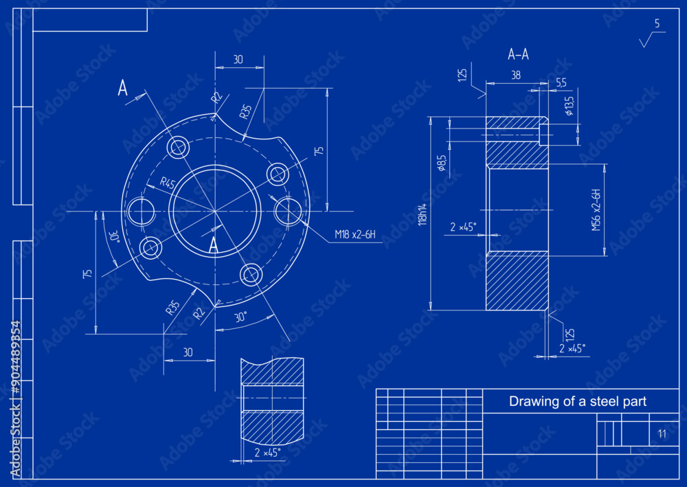 Vector drawing of a steel mechanical part with through holes and ...