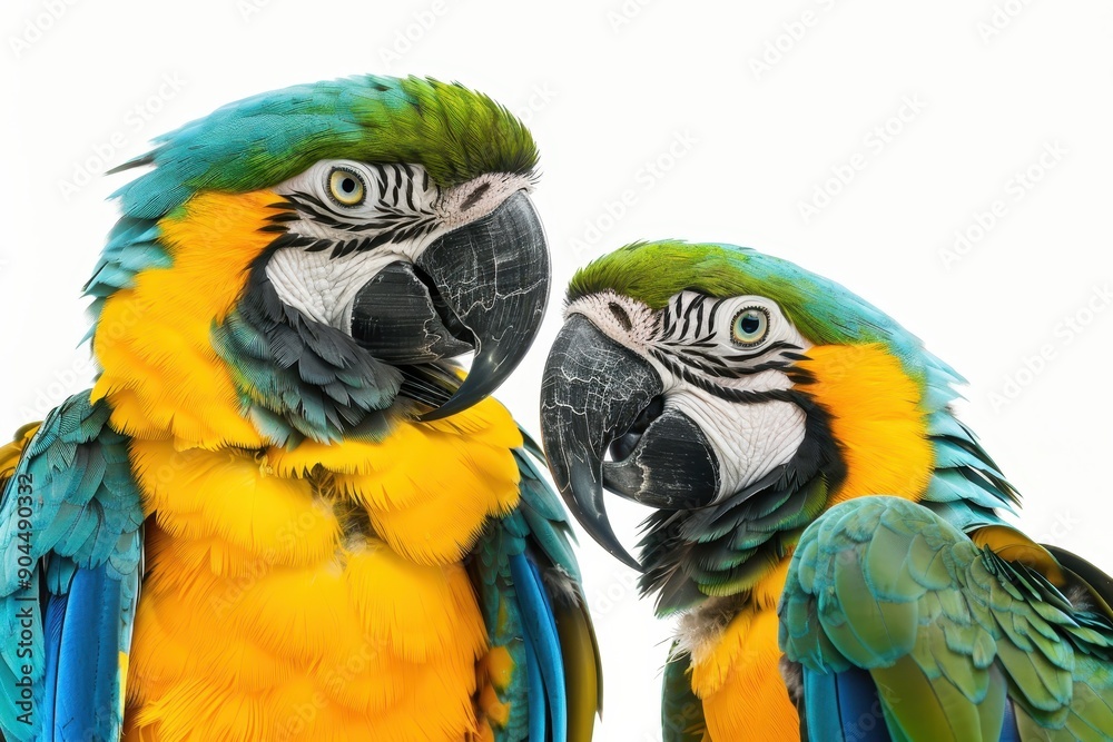 Blue and yellow macaw and Green winged Macaw in front of white ...
