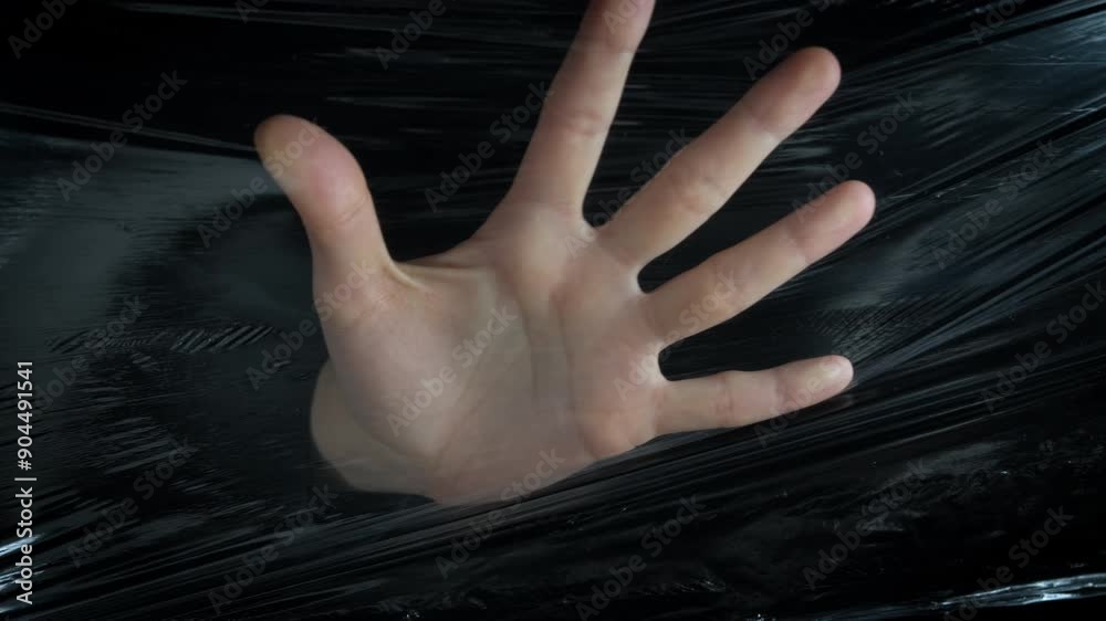 Female hands in transparent polyethylene film. A view of lady hands by ...
