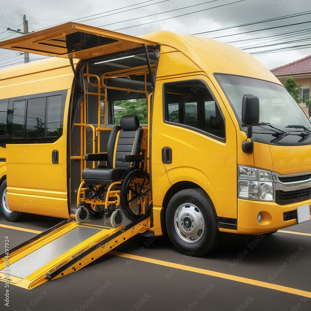 Inclusive public transport yellow bus adapted with wheelchair ramp ...