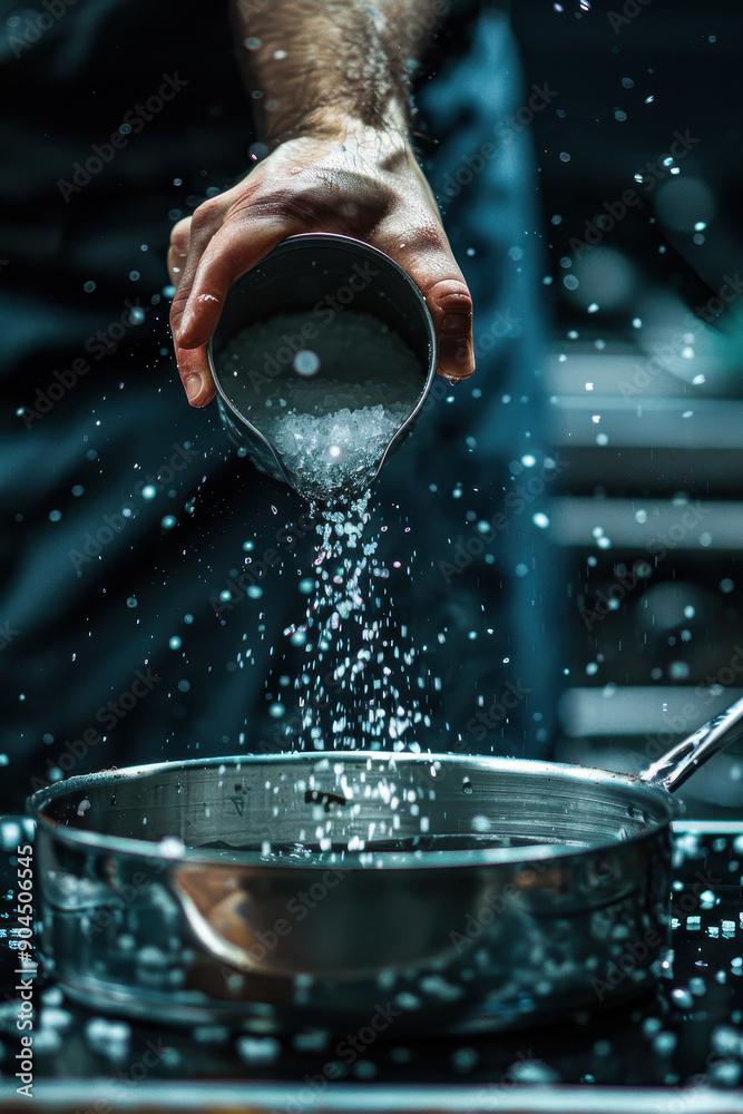 A chef is sprinkling salt into a pot of food. The scene is set in a ...