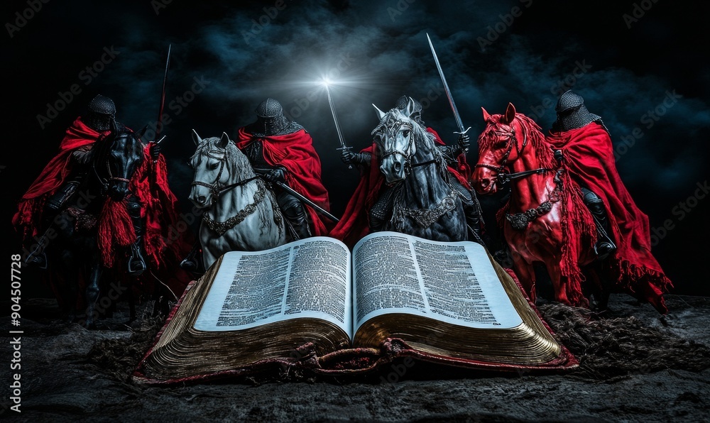 An open bible with prophecies for the future of mankind shows the four ...