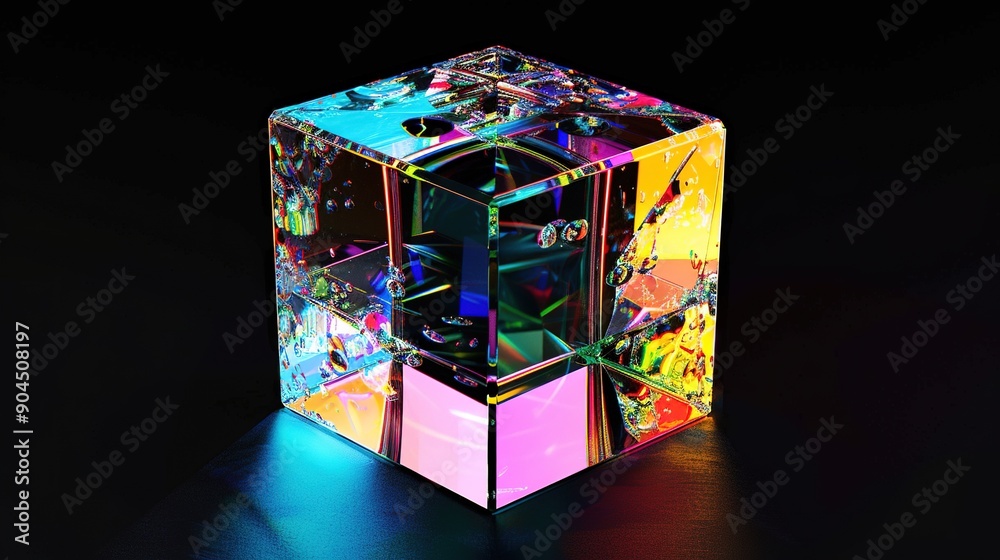 3d crystal glass cube with refraction and holographic effect isolated ...