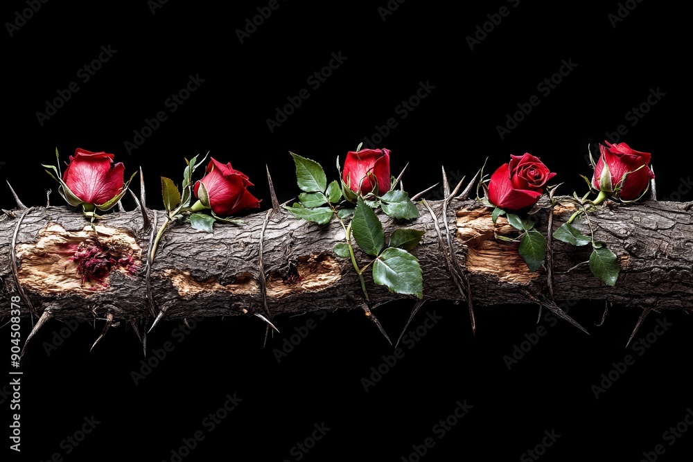 Ivy and thorns covering the curly vine with blood-red roses. Dry curly ...