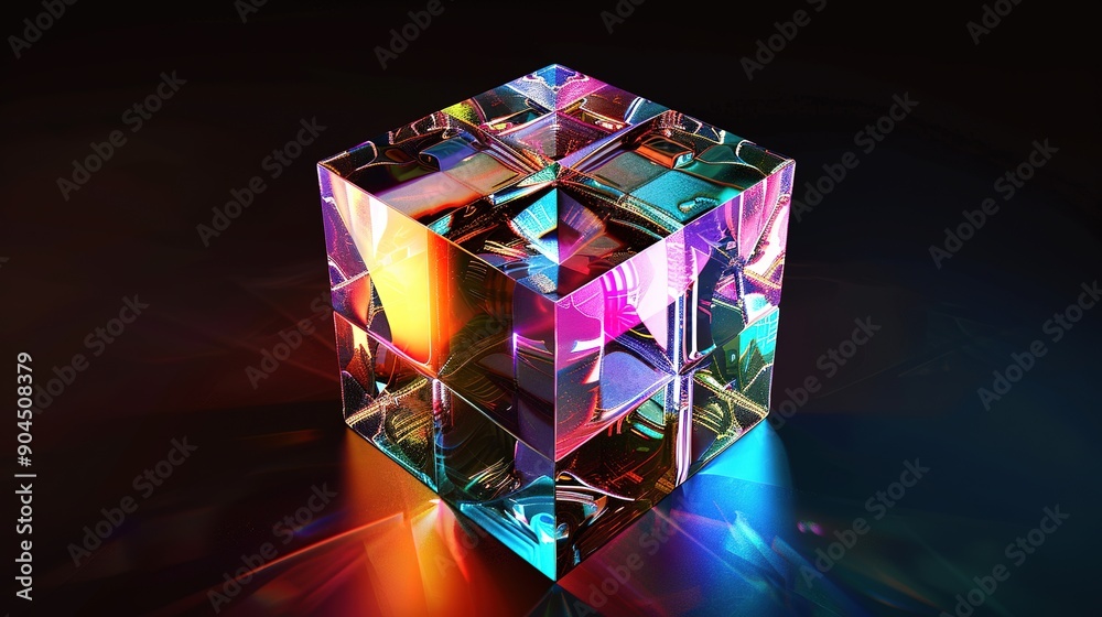 3d crystal glass cube with refraction and holographic effect isolated ...
